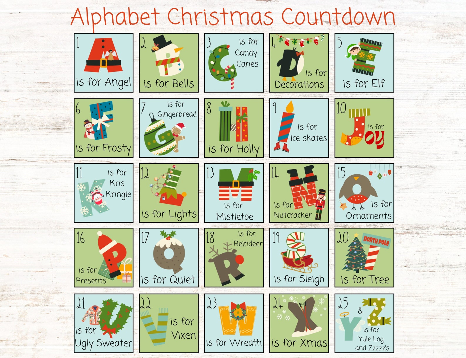Alphabet Advent Calendar, Christmas Countdown Calendar, Kid's Printable ...