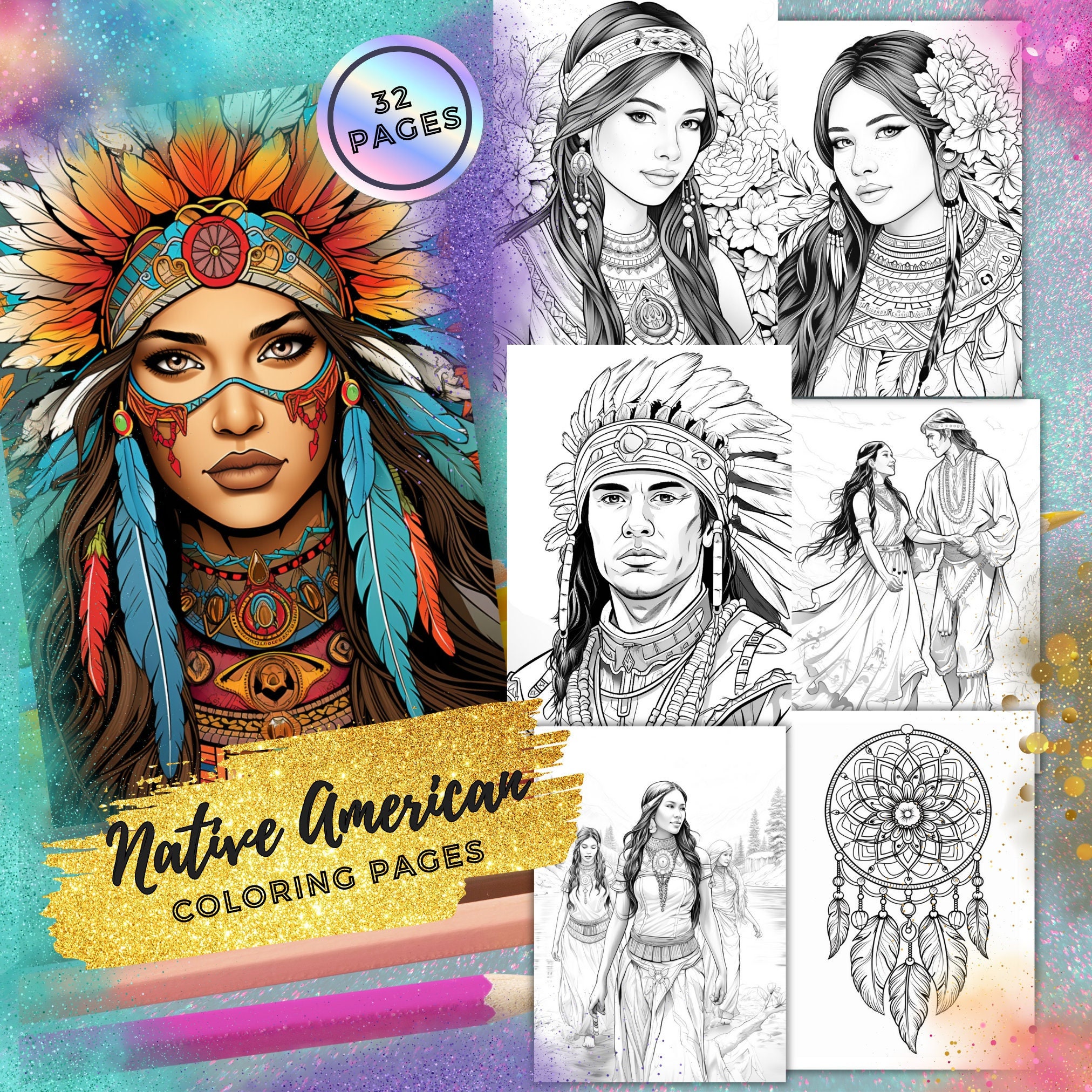 Native Americans, Printable Adult Coloring Page, Native American Art, Black and White Line Art ...