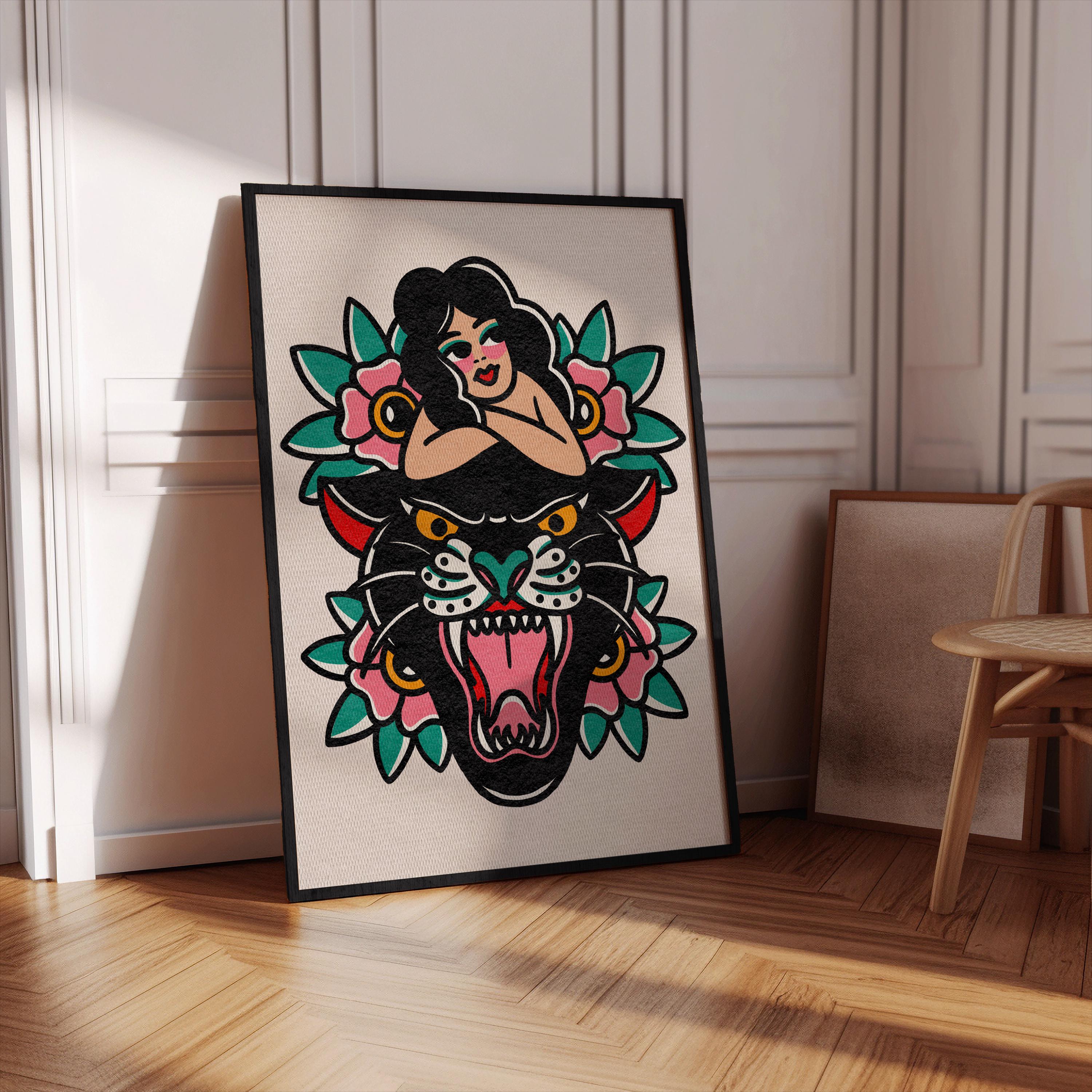 Old School Panther Lady Art Print - Classic Flash, Trad Tattoo, Alt ...