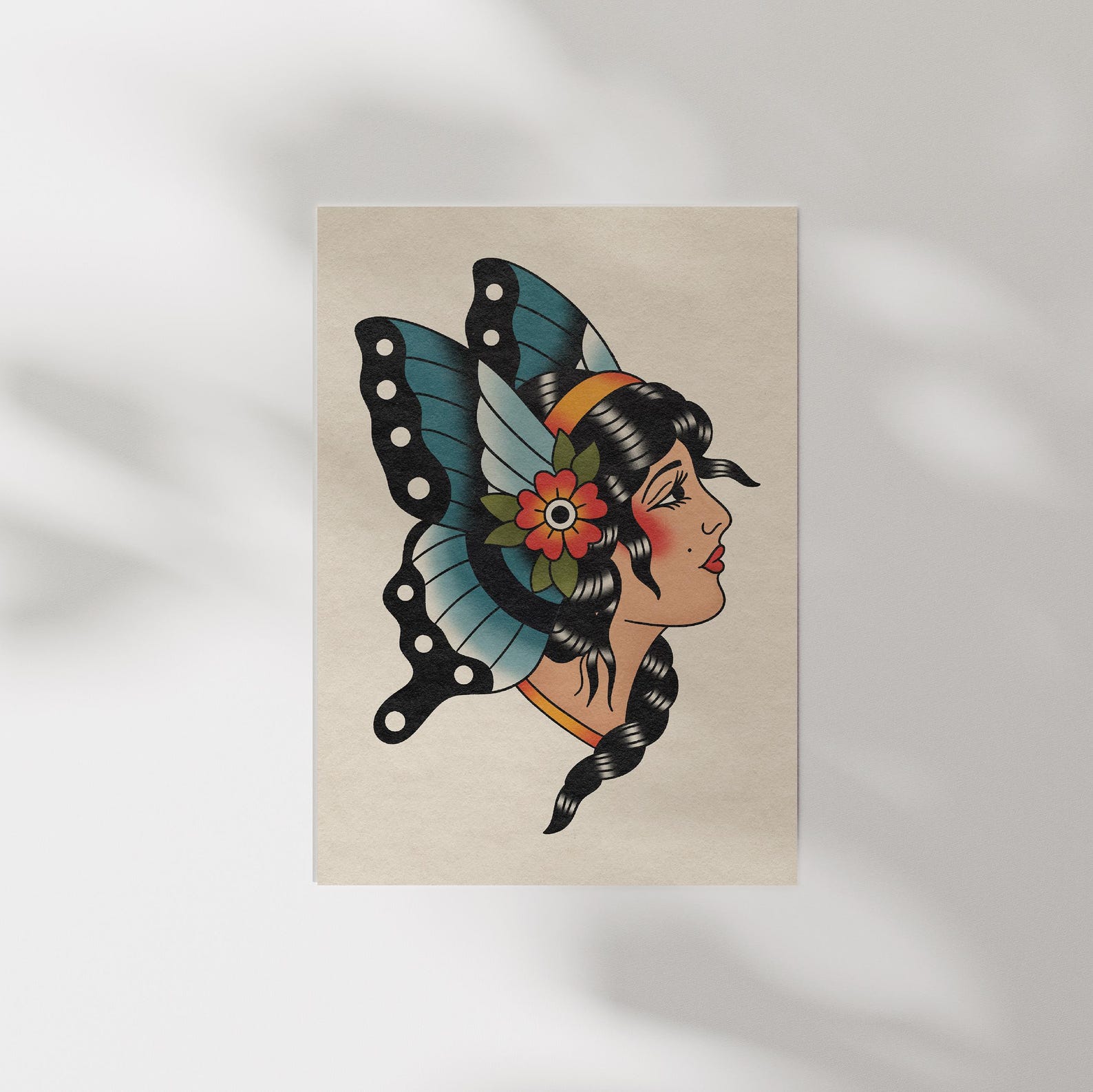 Butterfly Lady Head Art Print - American Traditional Tattoo Art Print ...