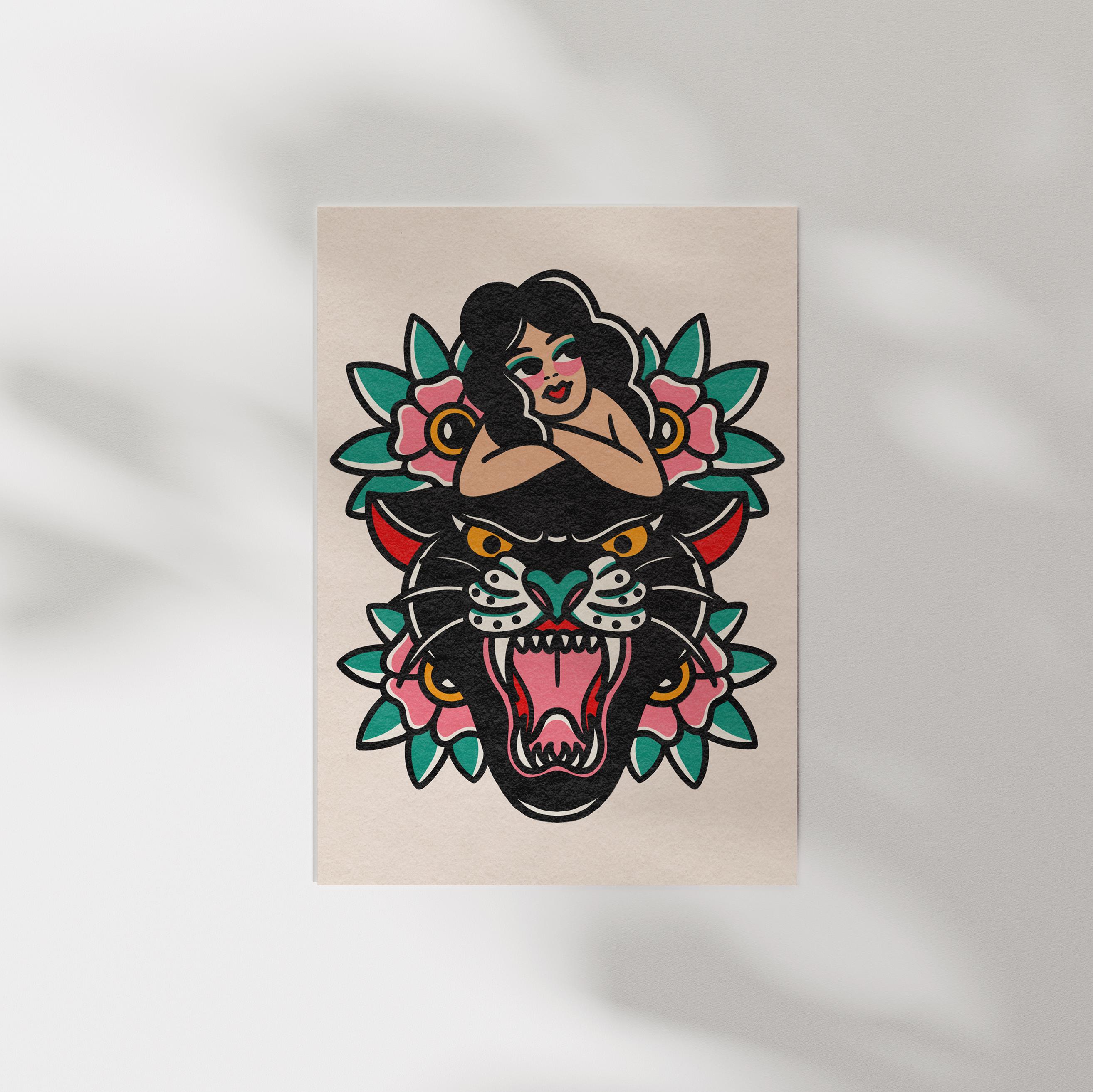 Old School Panther Lady Art Print - Classic Flash, Trad Tattoo, Alt ...