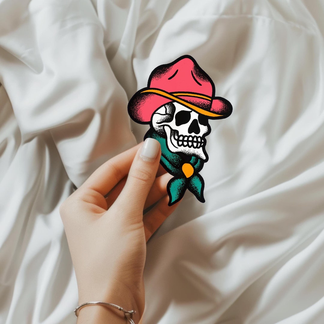 American Traditional Cowboy Skull Sticker - Tattoo Flash Sticker ...
