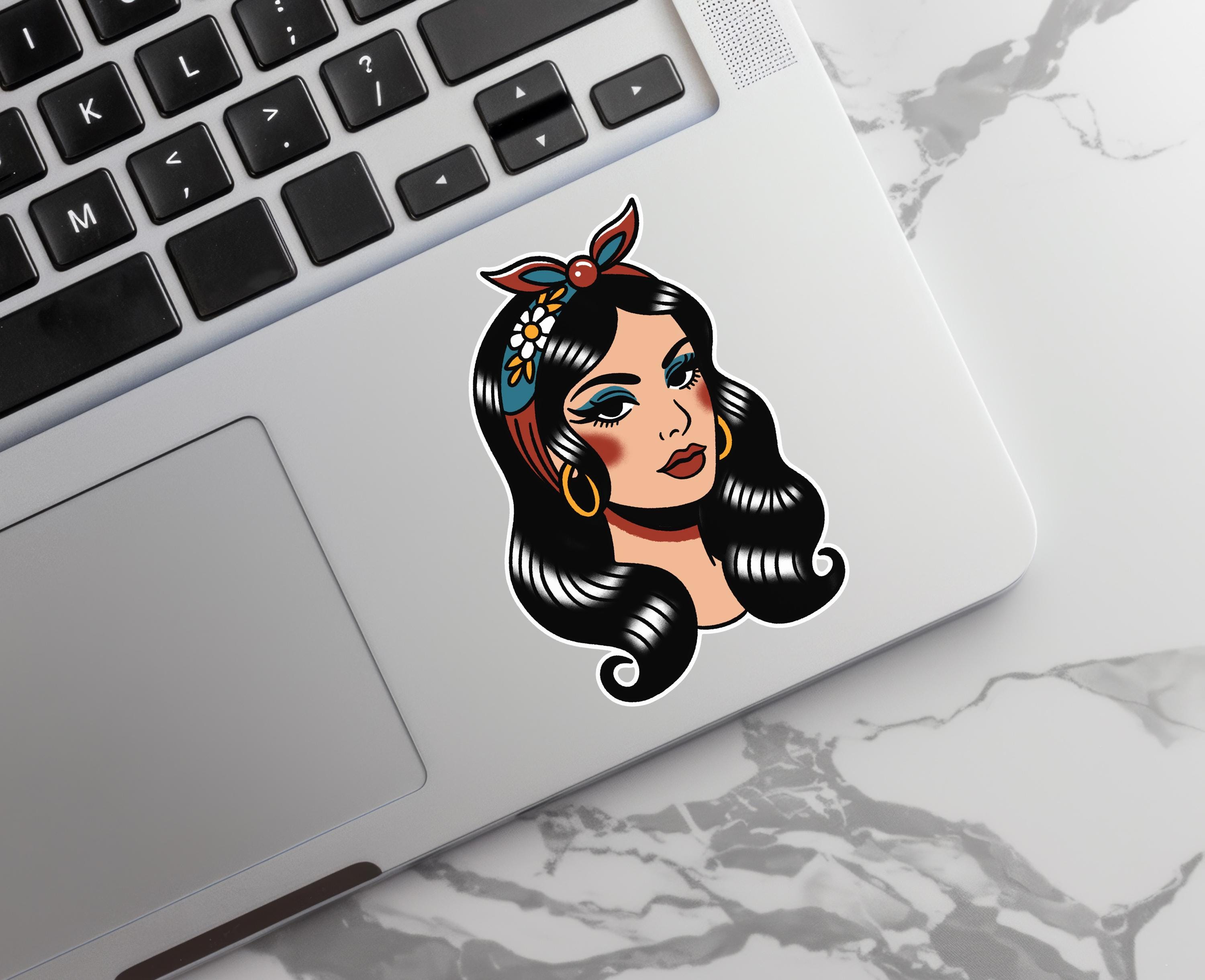 American Traditional Lady Head Sticker - Tattoo Flash Sticker, Laptop ...
