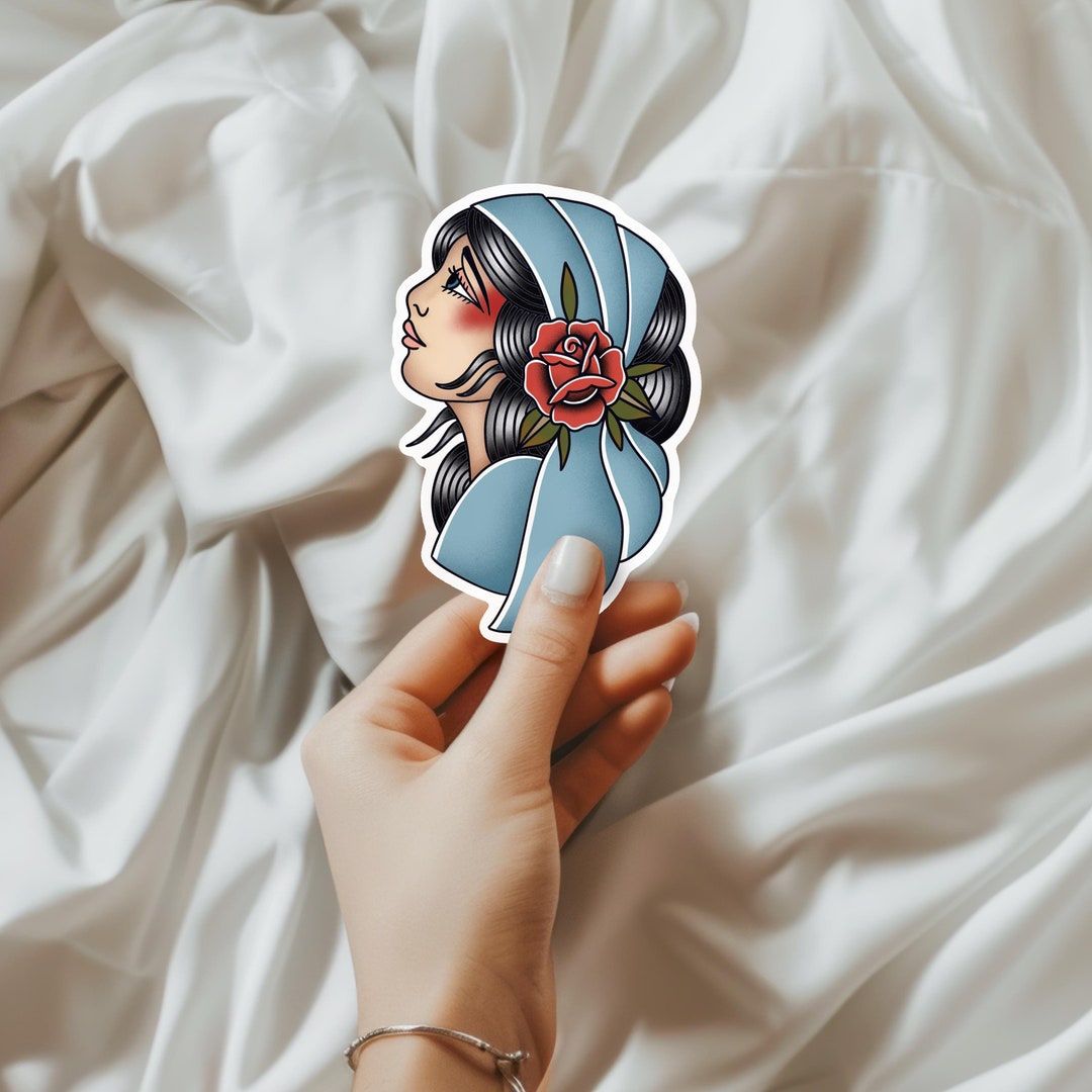 American Traditional Lady Head Sticker - Tattoo Flash Sticker, Laptop ...