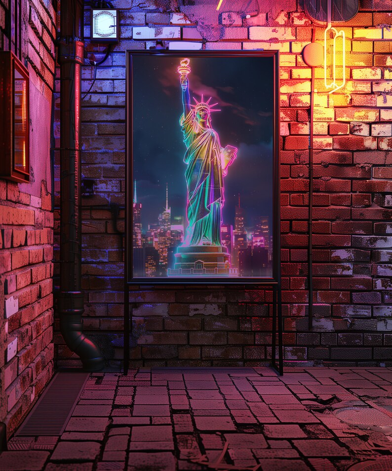 Neon Glow Statue of Liberty Poster - Vibrant New York Skyline Art - Etsy