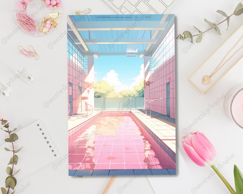 Swimming Pool in Summer Kawaii Aesthetic Illustration Style Art Print ...