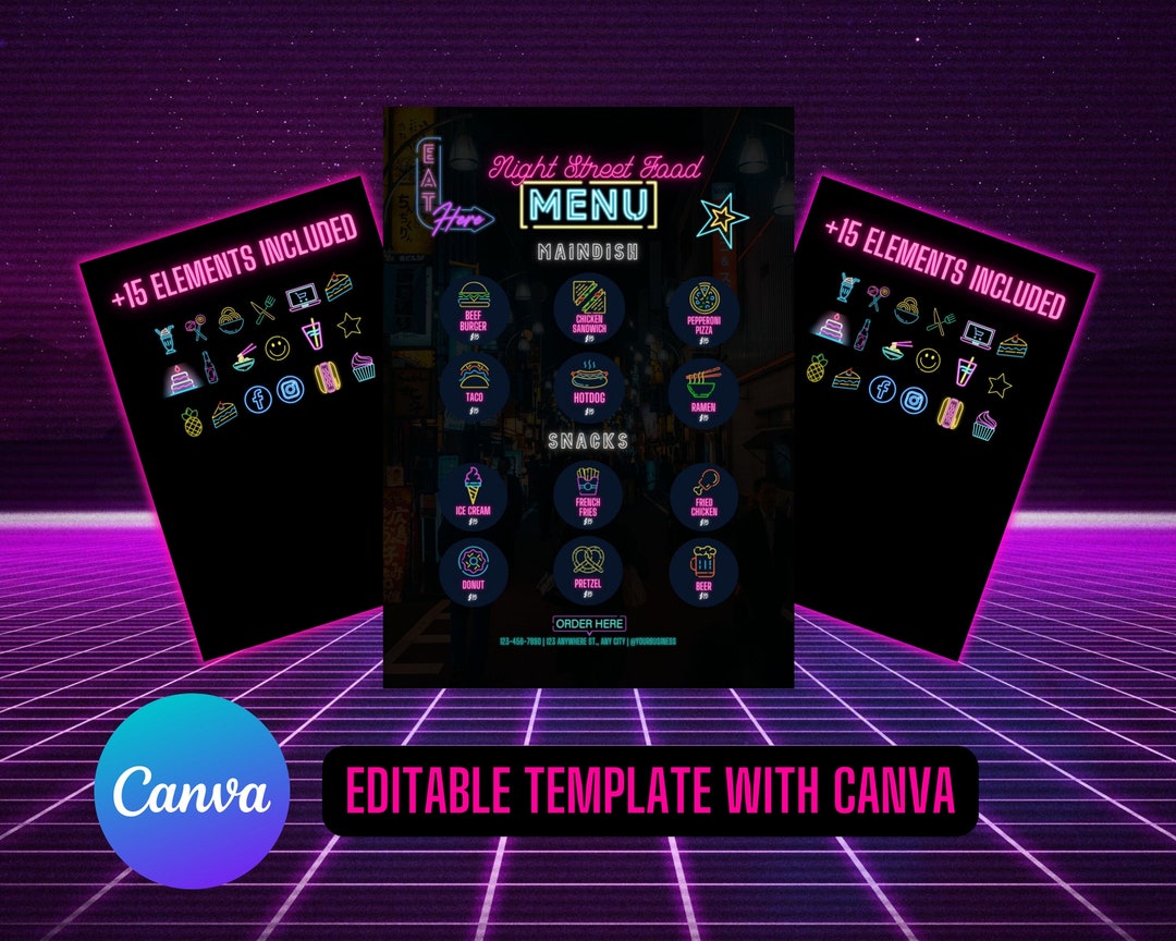 Editable Canva Restaurant Menu Template Neon Menu Modern - Etsy