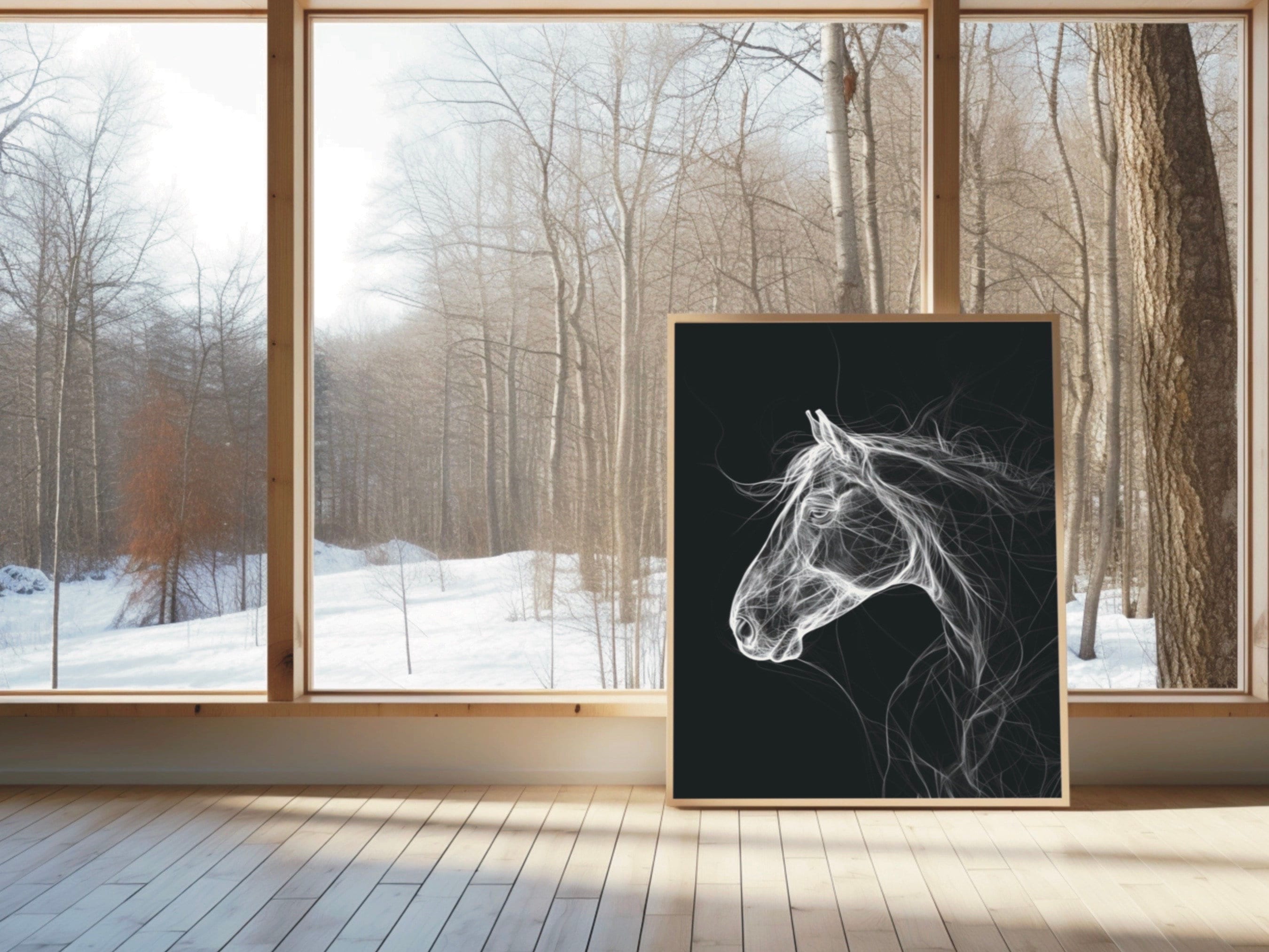 White Stallion Line Art Black Background, Horse Silhouette, Minimalist ...