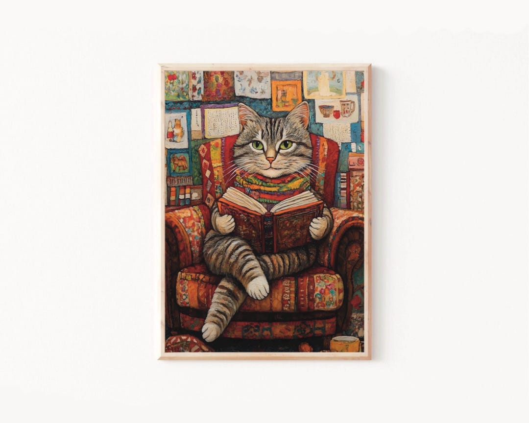 Grey Tabby Cat Reading a Book Art Print, Librarian Grey Tabby Cat ...