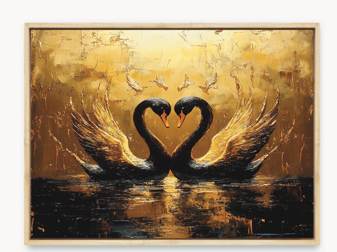 Romantic Black Swan Wall Art, Elegant Acrylic Painting With Golden ...