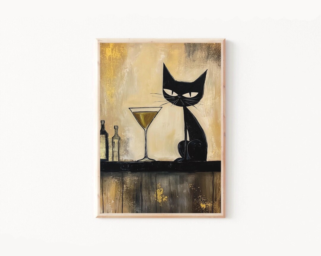 Black Cat and Golden Martini Art Print, Elegant Black Cat Martini Art ...