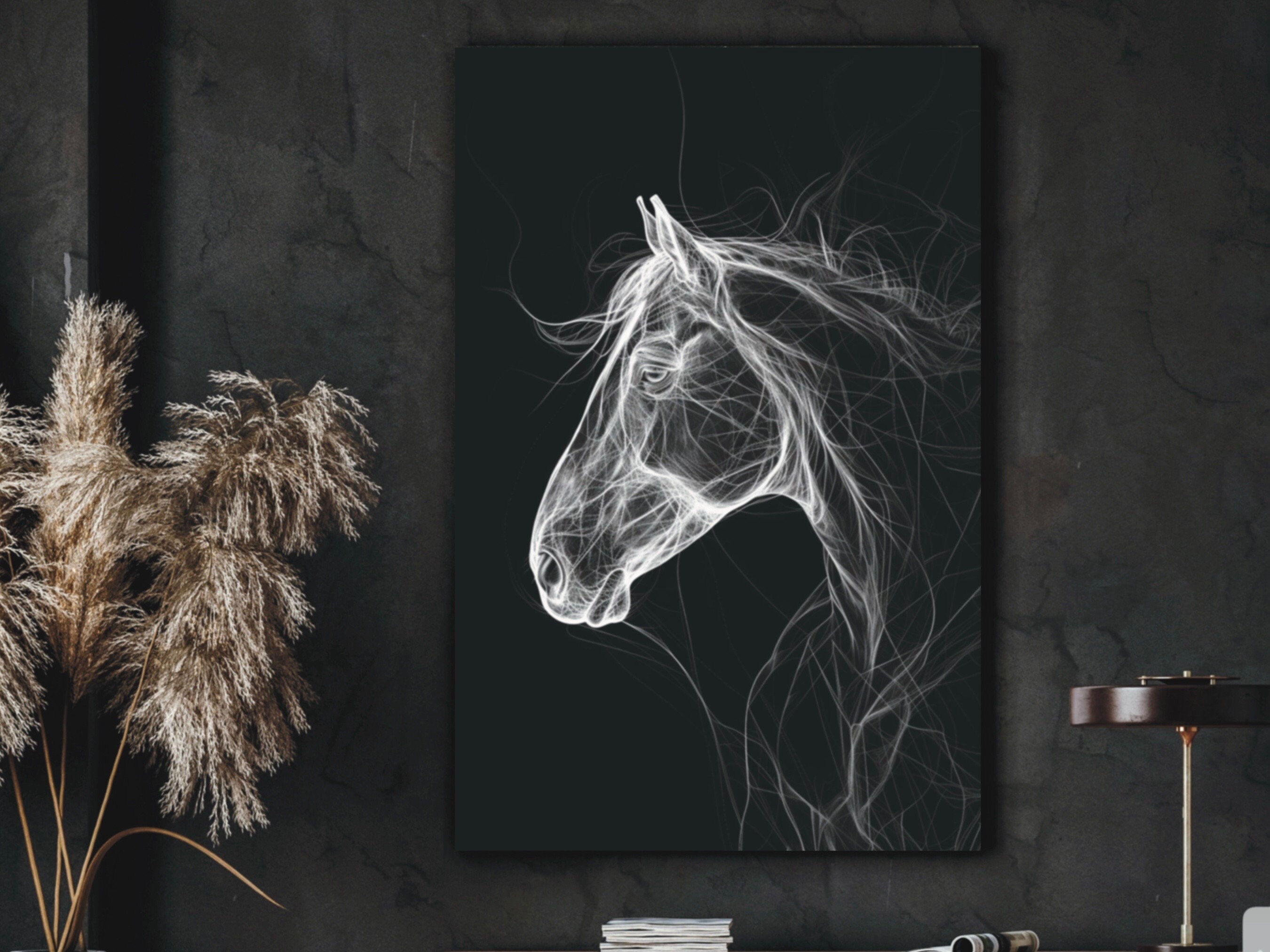 White Stallion Line Art Black Background, Horse Silhouette, Minimalist ...