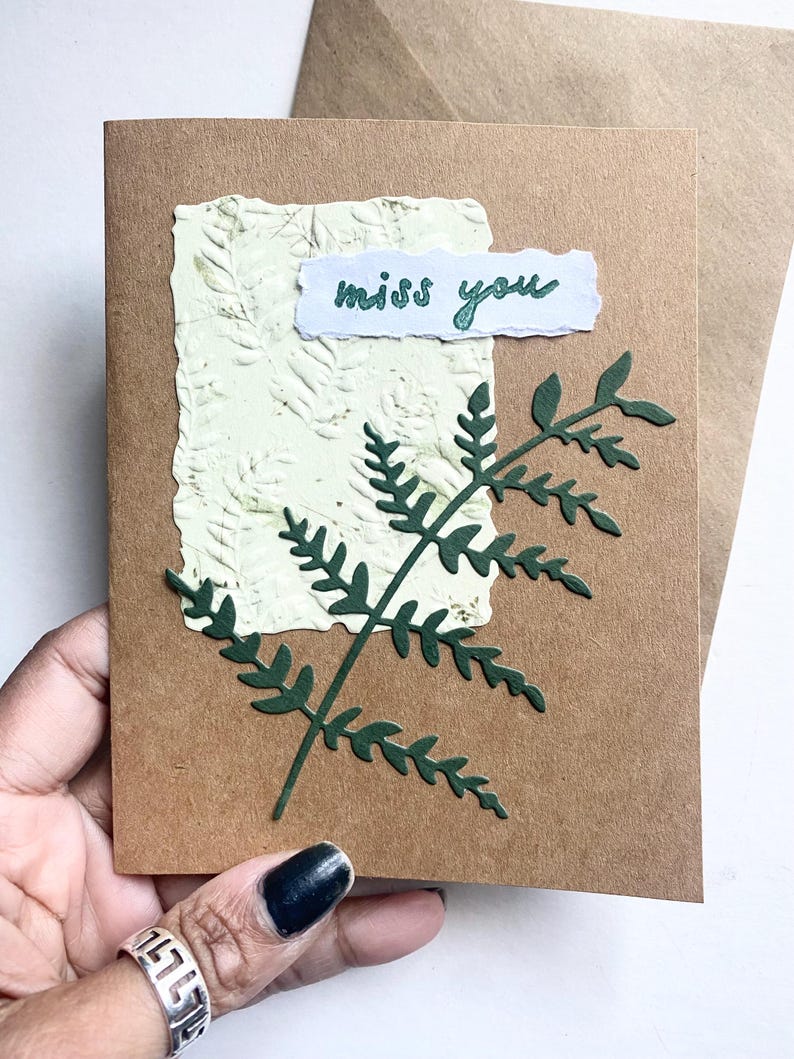Miss You Rustic Card With Handmade Paper and Leaf Design - Etsy