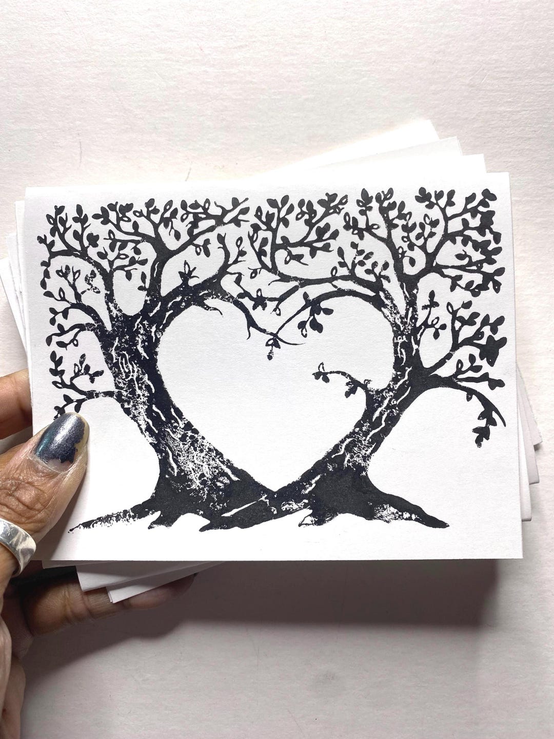 Two Trees Form a Heart Hand Stamped Cards, 4.25 X 5.5” - Etsy