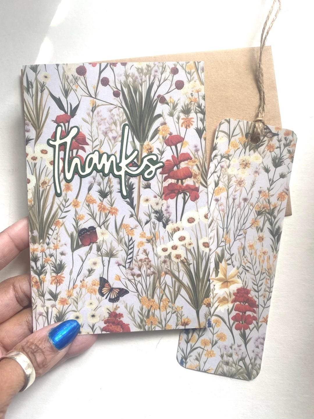 Thanks Floral With Red Flowers Card and Matching Bookmark - Etsy