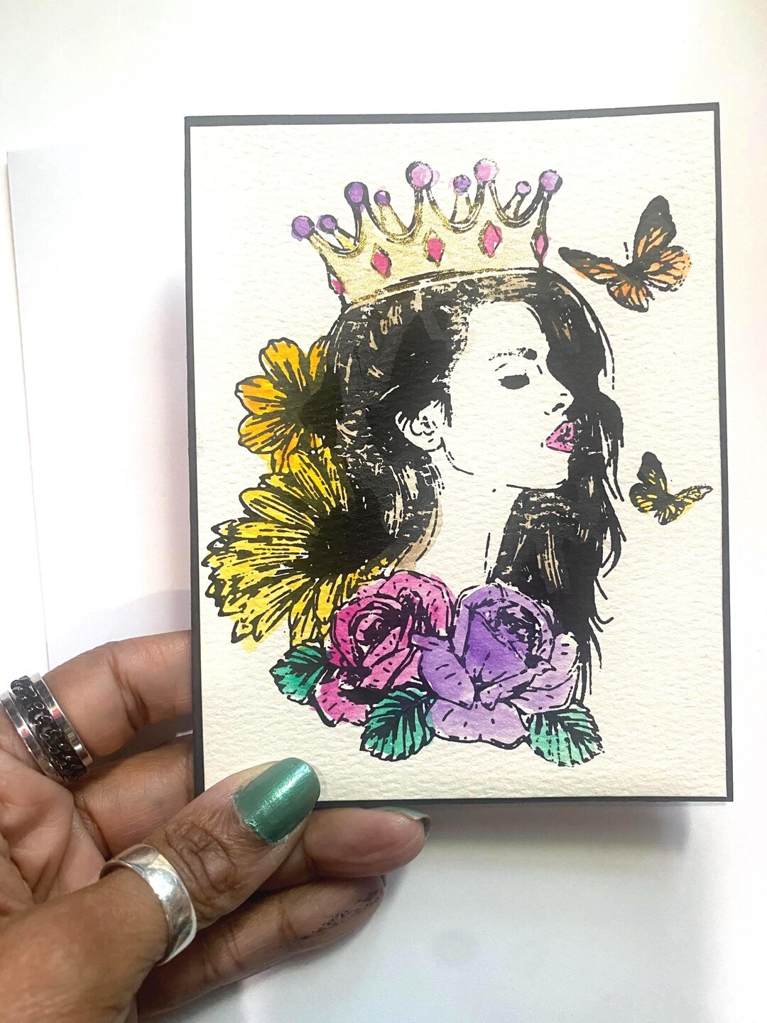 Princess Queen Flower Girl Card Hand Inked With Watercolor on ...