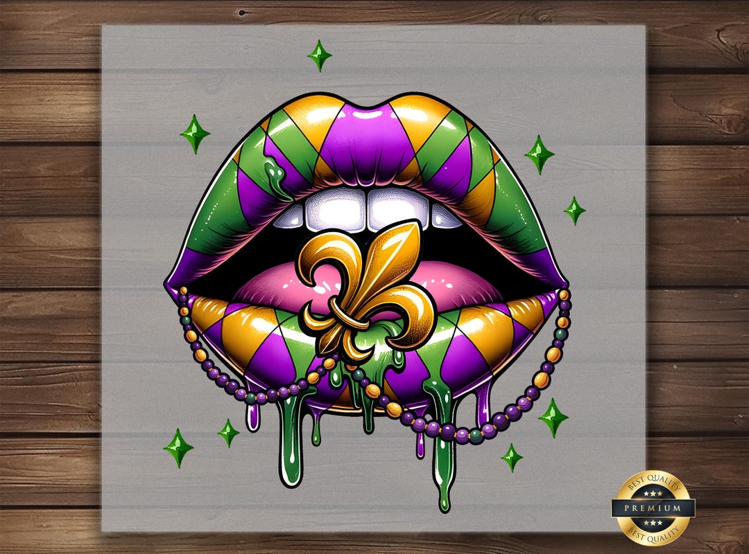 Mardi Gras Lips DTF Transfer, Colorful Harlequin Lips With Beads and ...