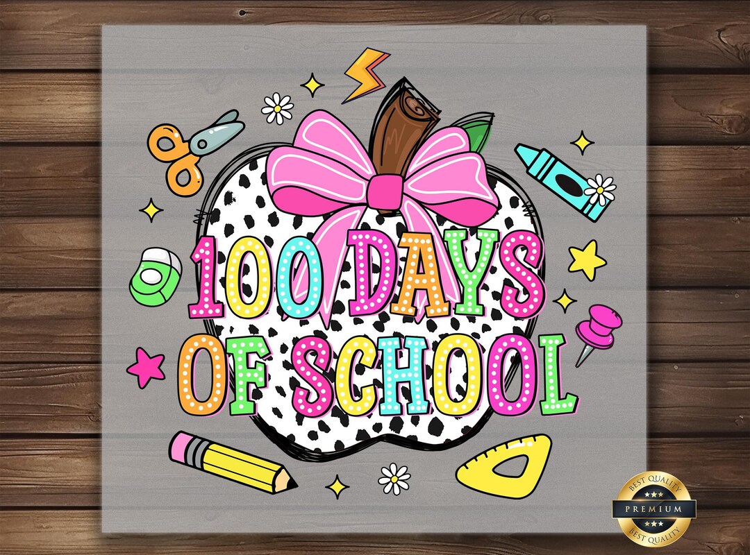 100 Days of School DTF Transfer, Apple and Pink Bow Design, Ready to ...