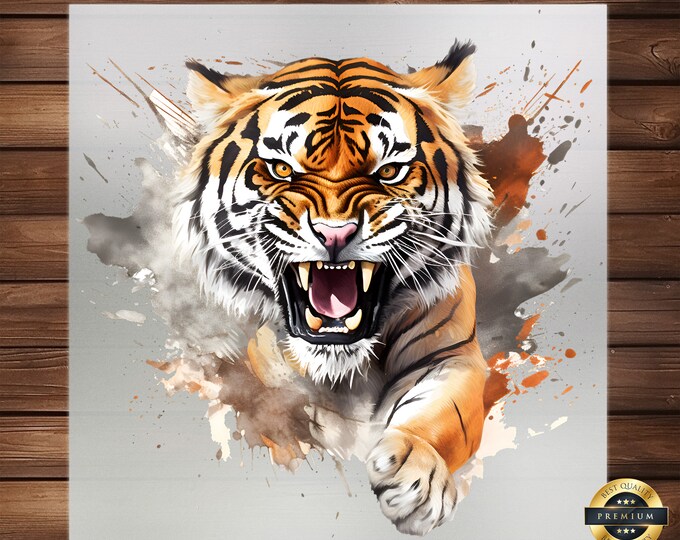 Vibrant Watercolor Tiger DTF Transfer - Aggressive Angry Pouncing Tiger ...
