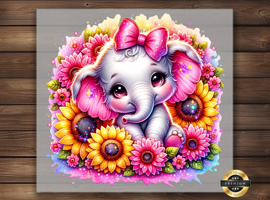 Cute Elephant DTF Transfer, Sunflower Baby Animal Print, Ready to Press ...