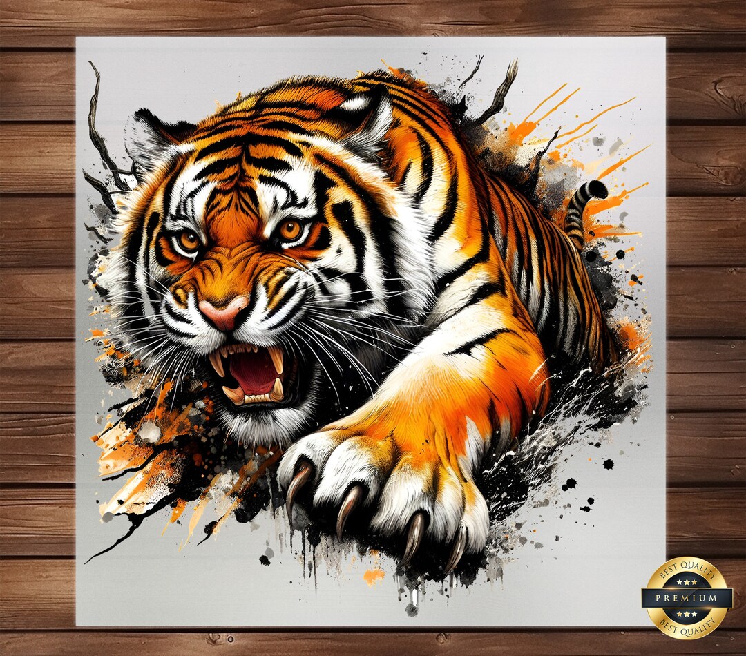 Vibrant Watercolor Tiger DTF Transfer, Aggressive Angry Pouncing Tiger ...