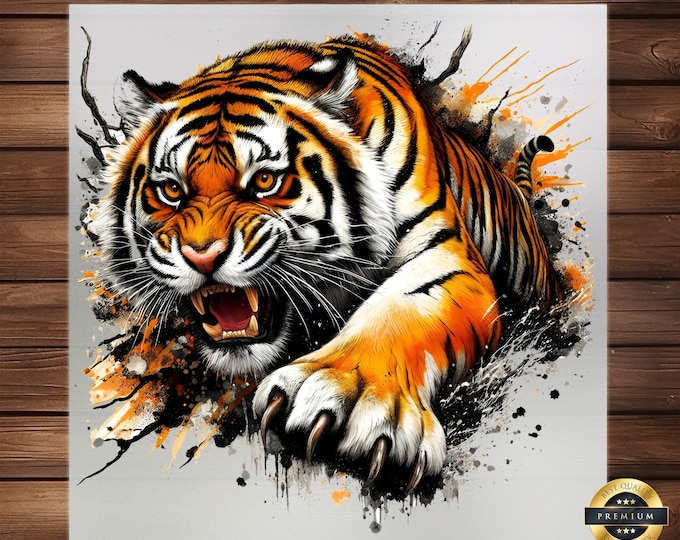 Vibrant Watercolor Tiger DTF Transfer - Aggressive Angry Pouncing Tiger ...