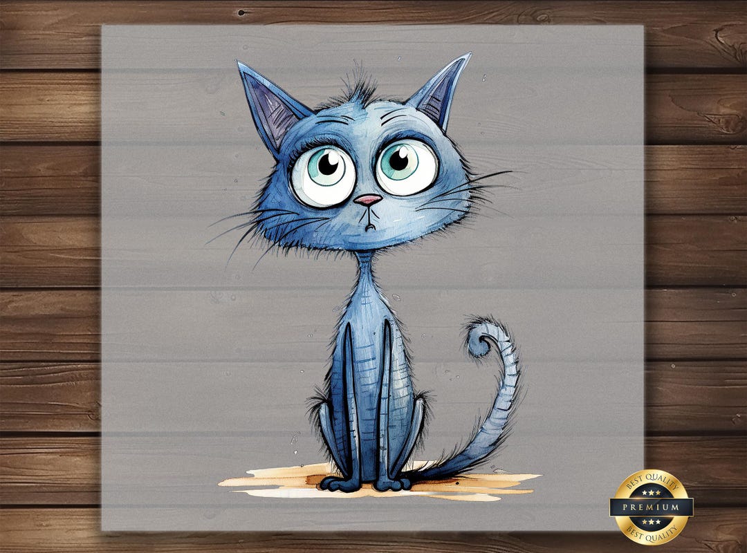 Sad Blue Cat DTF Transfer, Adorable Melancholy Kitty Print, Artistic ...