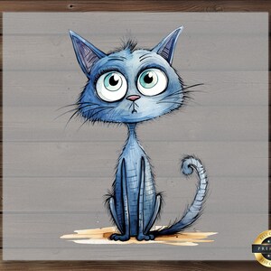 Sad Blue Cat DTF Transfer, Adorable Melancholy Kitty Print, Artistic ...
