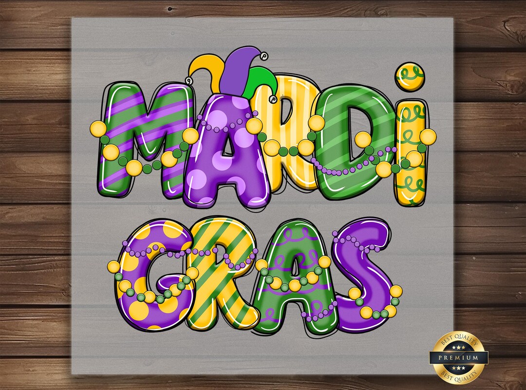 Mardi Gras Text DTF Transfer, Colorful Beads and Letter Design, Ready ...