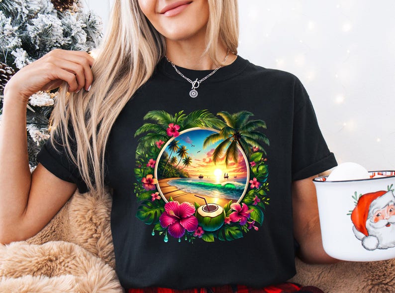 Tropical Beach Sunset DTF Transfer: Island Palm Coconut Summer Design ...