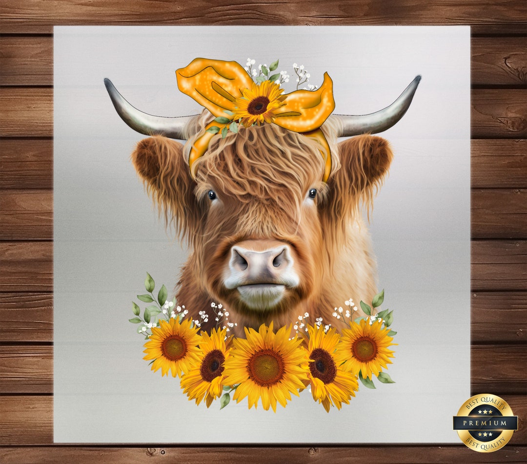 Highland Cow Sunflowers DTF Transfer - Rustic Charm for DIY Fabric Art ...
