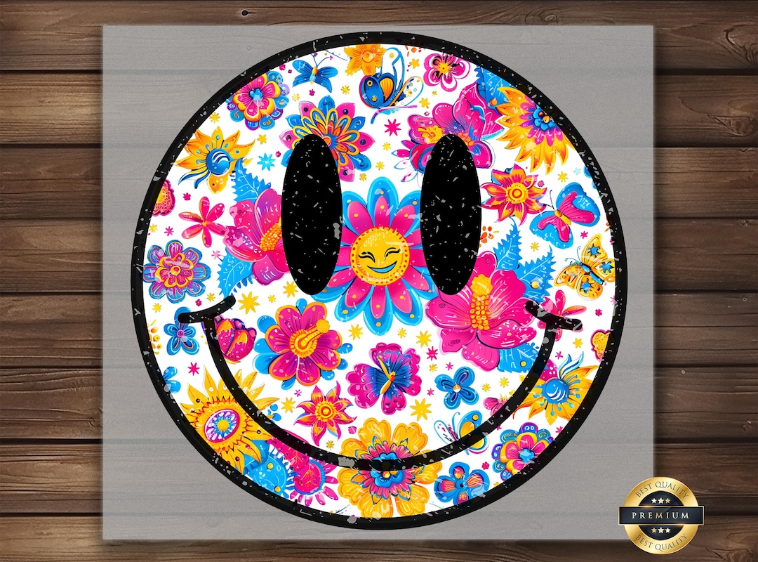 Colorful Floral Smiley Face DTF Transfer, Bright and Fun Design ...