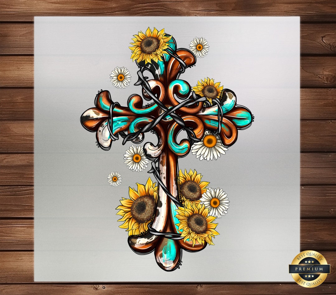 Cross With Flowers DTF Transfer - Beautiful Cross Sunflower and Daisy ...