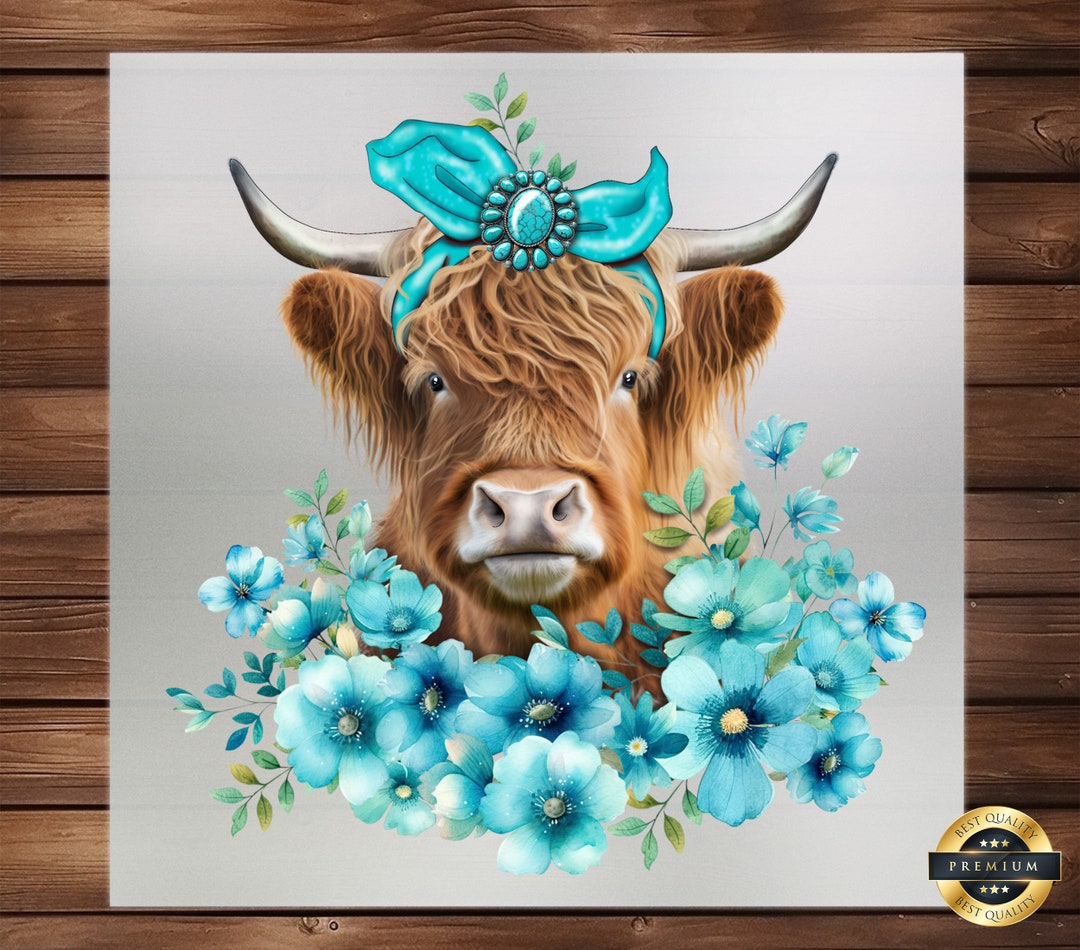 Turquoise Highland Cow DTF Transfer: Western Floral Fabric Art - Etsy