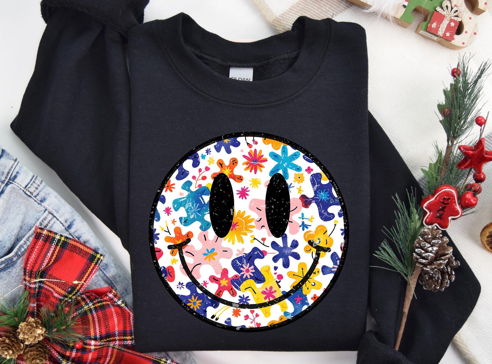 Floral Smiley Face DTF Transfer: Funky Heat Press Design - Etsy