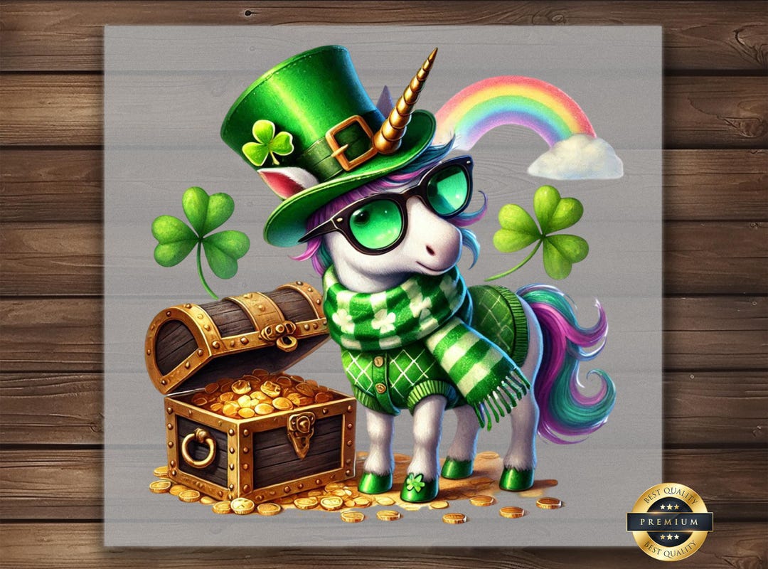 St Patrick’s Unicorn DTF Transfer, Lucky Shamrock Pony With Gold, Green ...