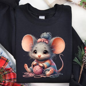 Mouse Surrounded by Yarn DTF Transfer, Cozy Knitting Theme, Cute Animal ...