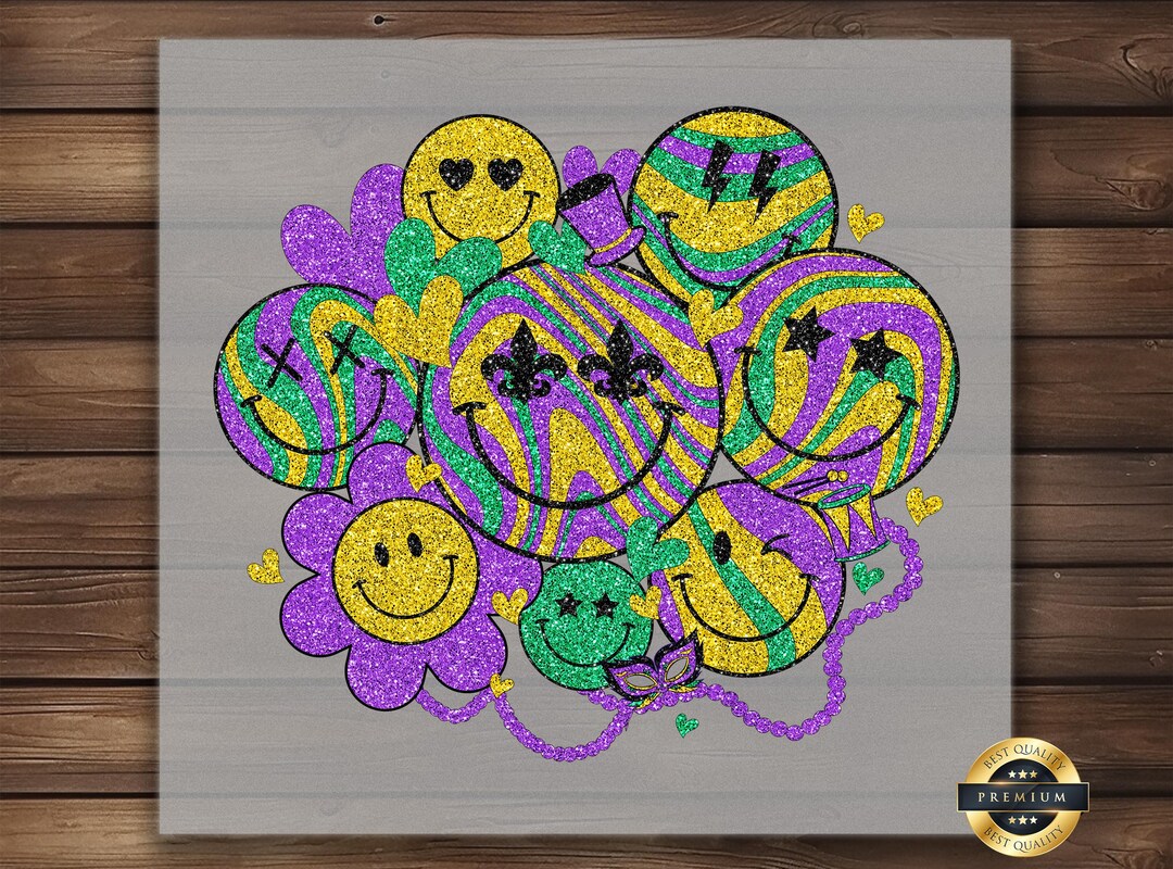 Mardi Gras Smiley Faces DTF Transfer, Carnival Beads and Colorful ...