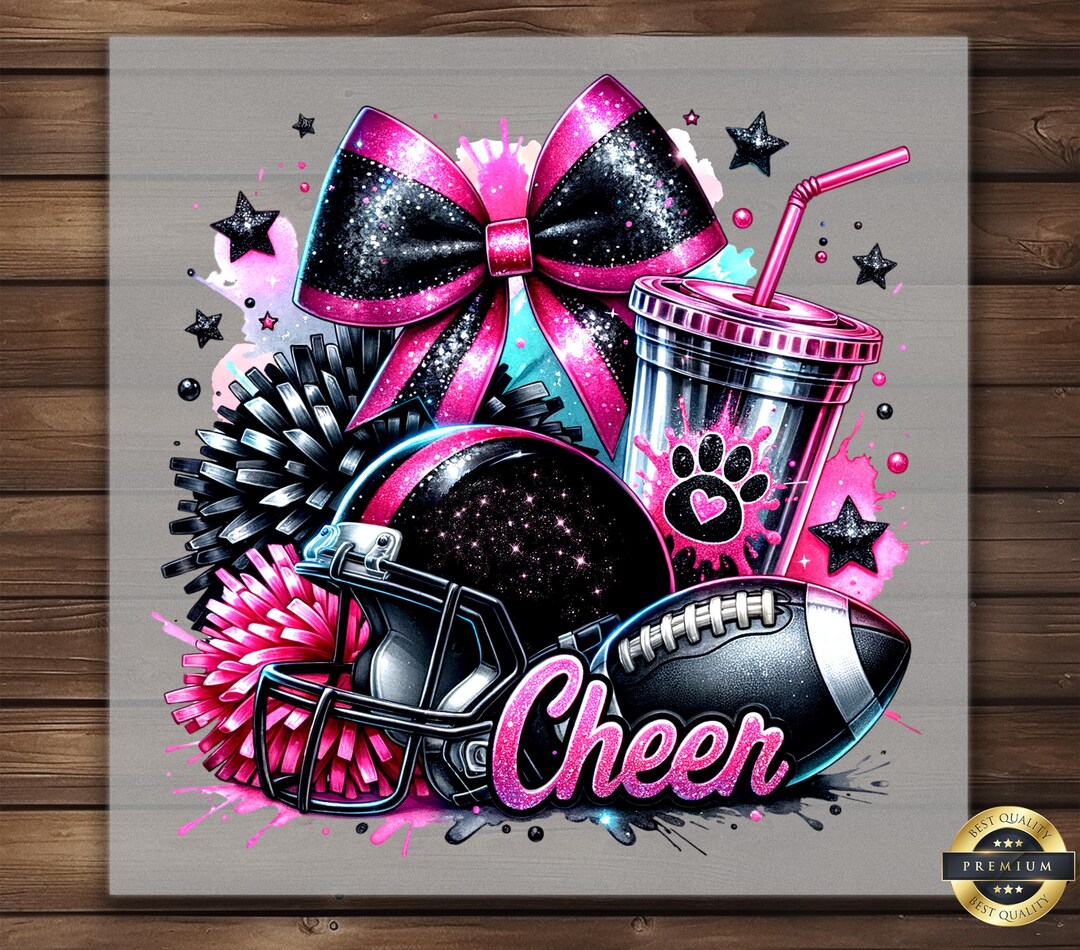 Cheerleading Bow & Football DTF Transfer: Pink and Black Iron-on Design ...