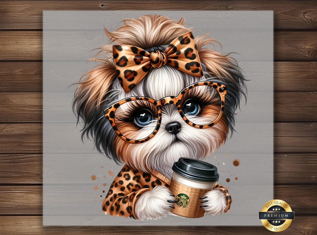 Stylish Pup With Coffee DTF Transfer, Cute Dog Wearing Round Glasses ...