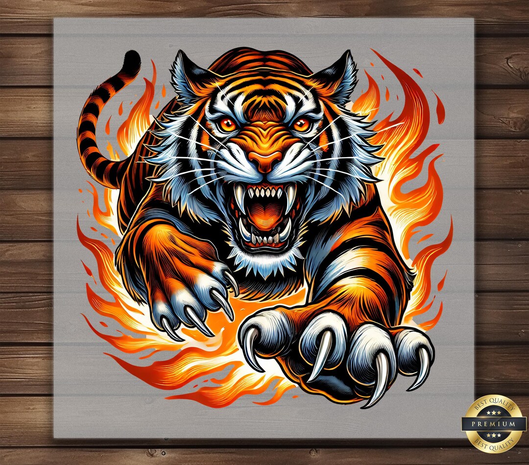 Fiery Tiger Attack DTF Transfer, Bold Iron-on Design Featuring a Fierce ...