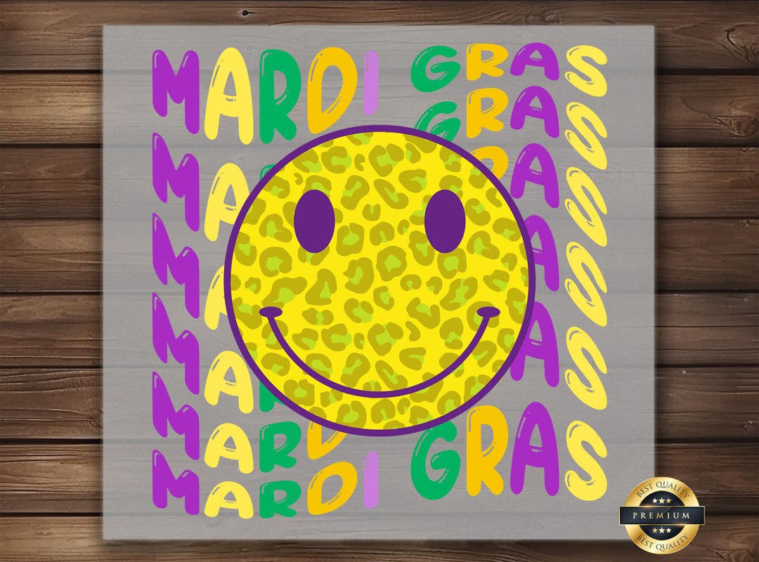 Mardi Gras Smiley DTF Transfer, Leopard Print Happy Face, Purple Gold ...