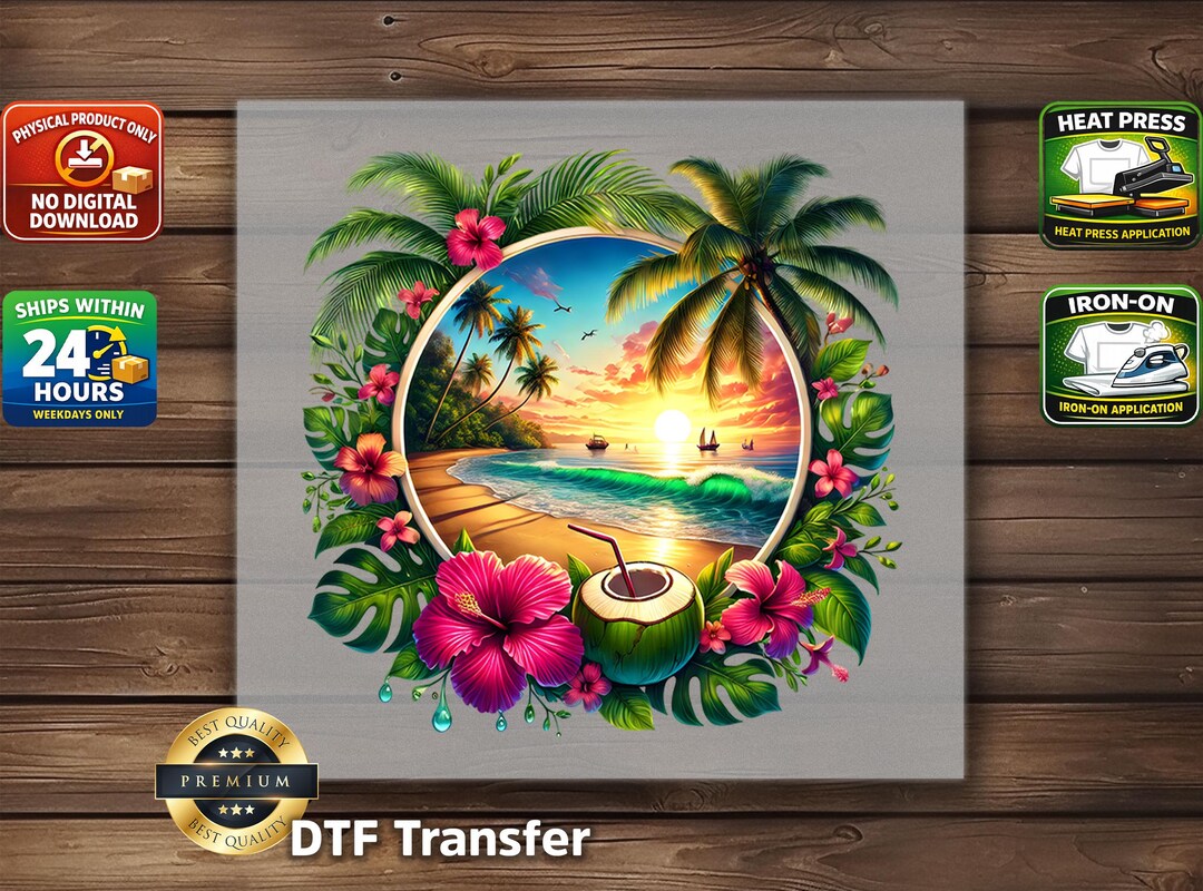 Tropical Beach Sunset DTF Transfer: Island Palm Coconut Summer Design ...