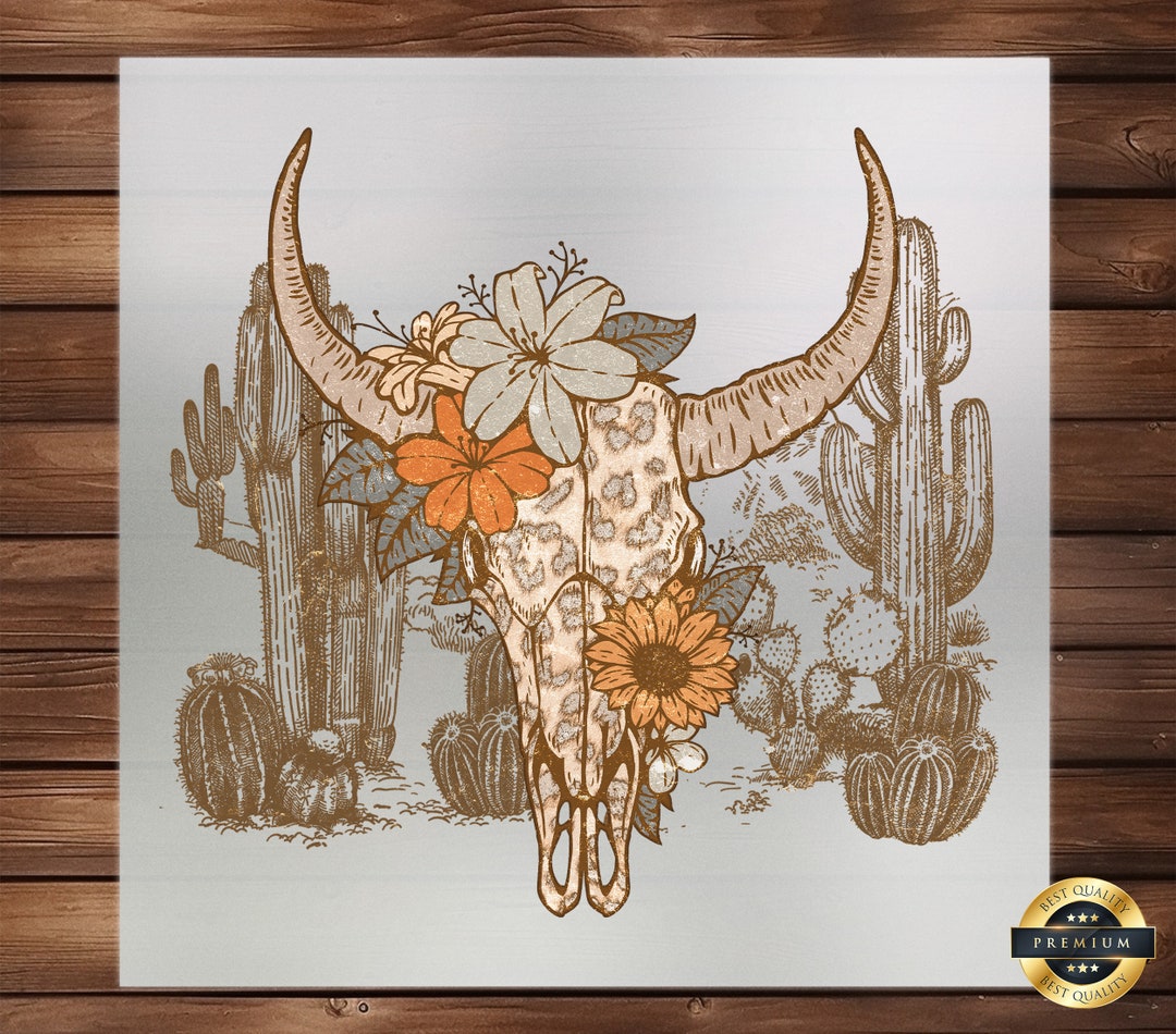 Western Desert Cow Skull Leopard Cactus DTF Transfer, Bold Southwestern ...