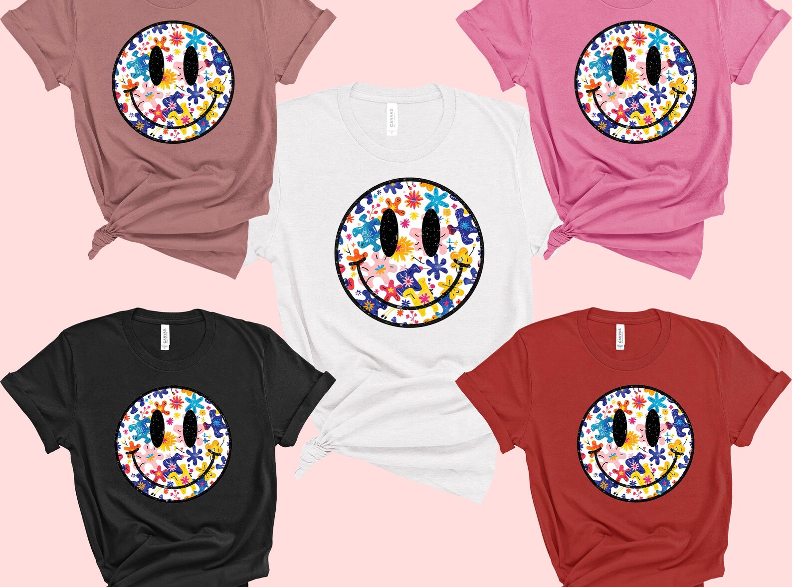 Floral Smiley Face DTF Transfer: Funky Heat Press Design - Etsy