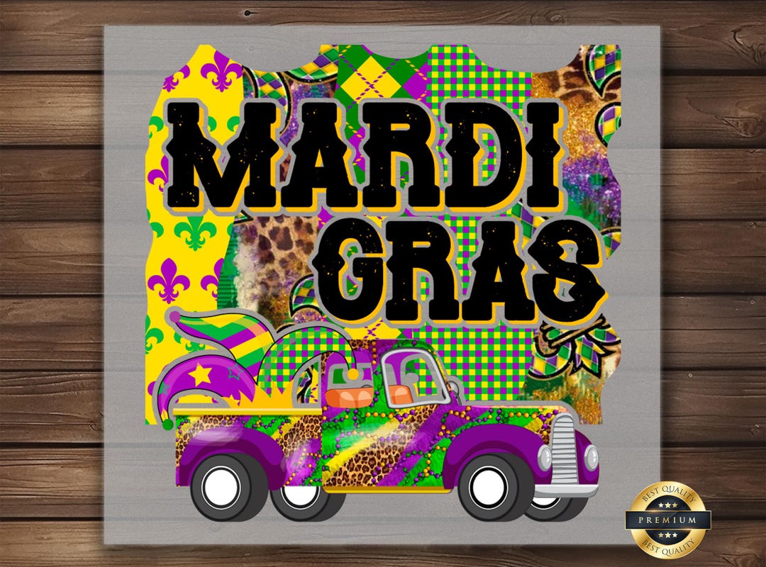 Mardi Gras Truck DTF Transfer, Patchwork Party Art, Beads and Jester ...