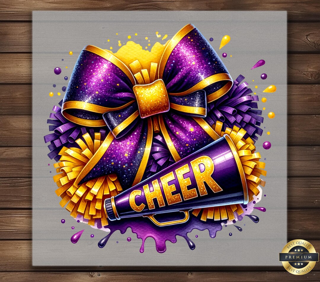 Cheer Megaphone and Bow DTF Transfer, Purple and Yellow Iron-on Design ...