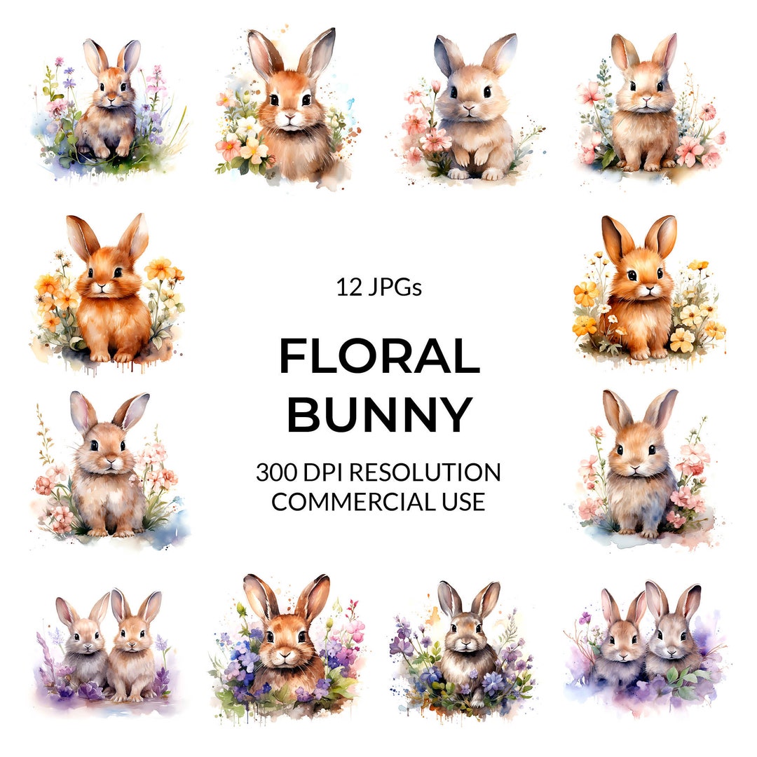 Watercolor Floral Bunny Clipart | High Quality Jpgs | Digital Download ...