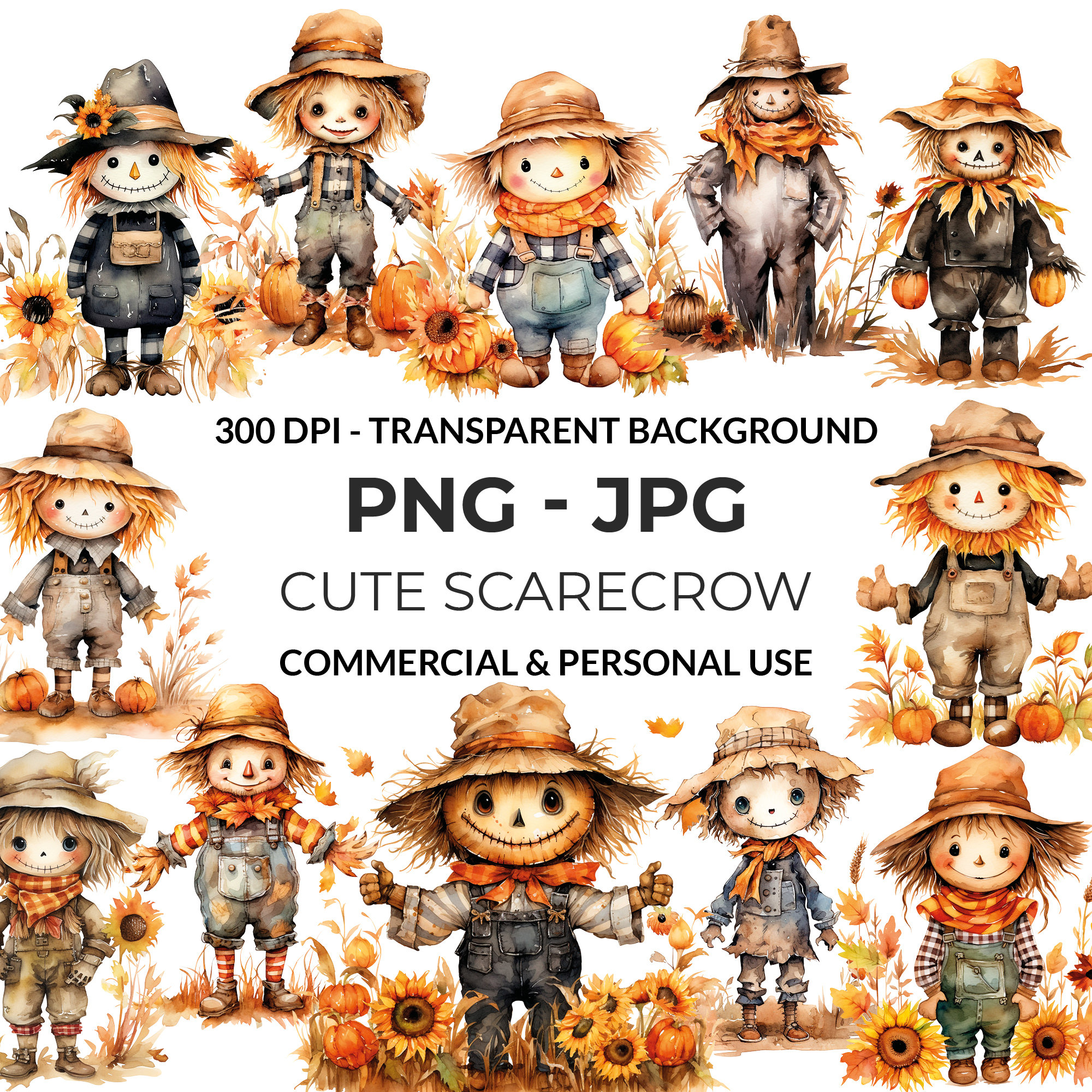 Watercolor Cute Scarecrow Clipart Png Clipart Digital Download Instant