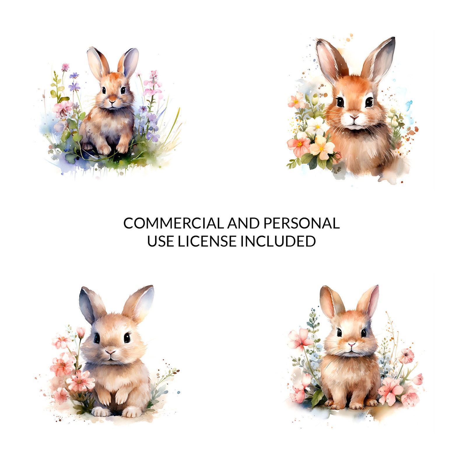 Watercolor Floral Bunny Clipart | High Quality Jpgs | Digital Download ...